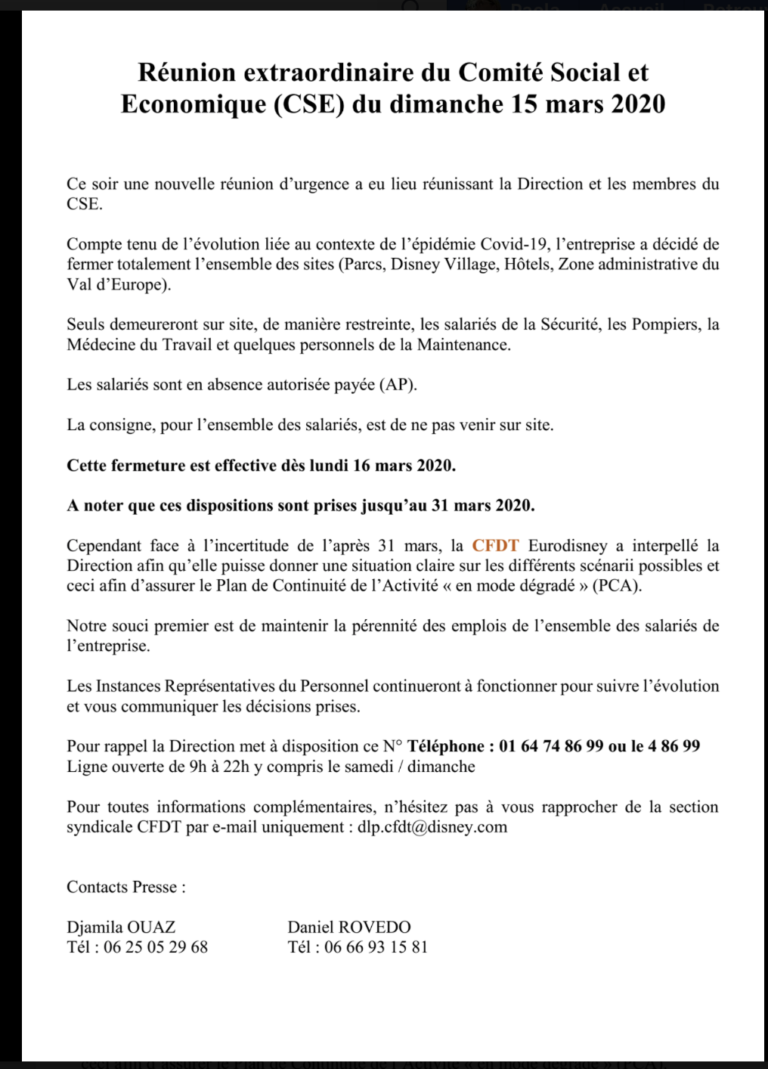 REUNION EXTRAORDINAIRE DU CSE DU 15 03 2020 – CFDT Eurodisney